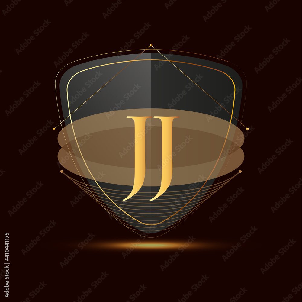 Initial logo letter JJ with shield Icon golden color isolated on dark ...