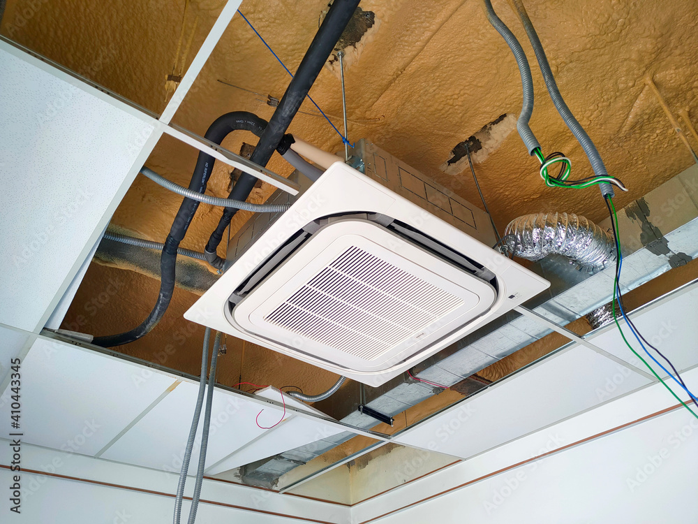 SELANGOR, MALAYSIA -MARCH 2, 2021: Installation of ceiling cassette air ...