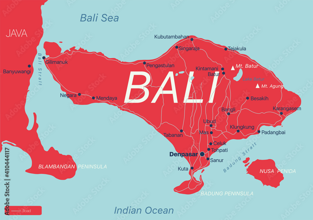 Bali country detailed editable map with regions cities and towns, roads ...