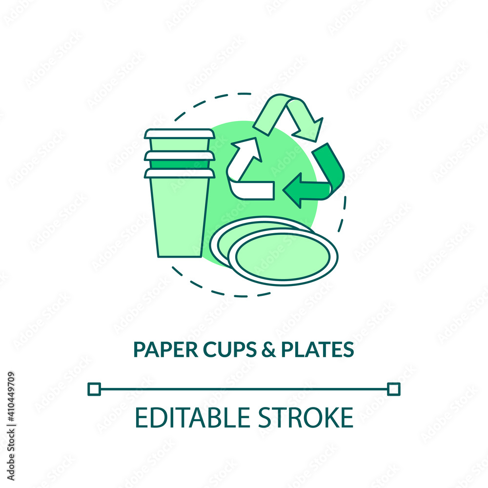Paper cups and plates concept icon. Spoiled paper waste idea thin line ...