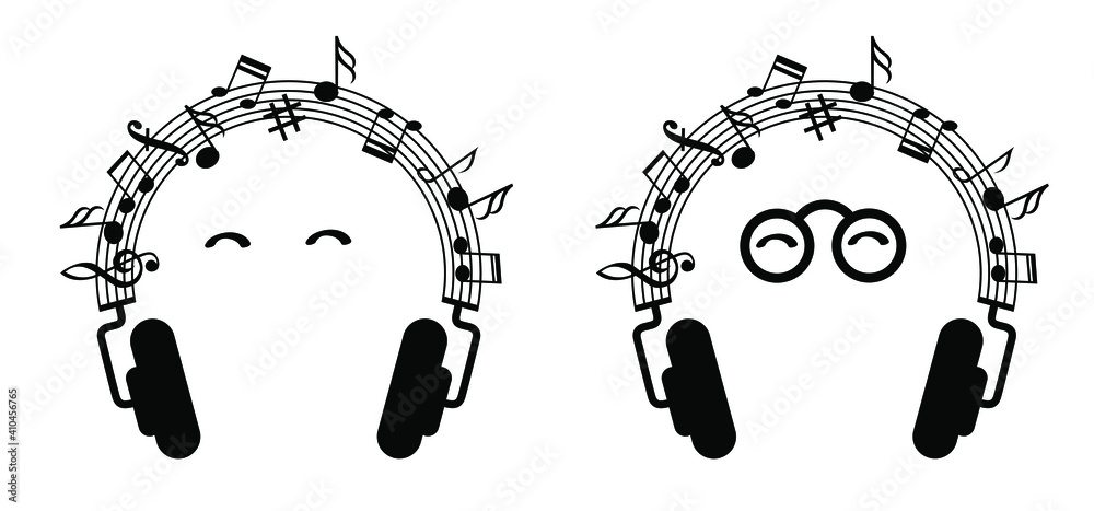 headphone. Musical notes stave line pattern. Symbols icon for staff and ...