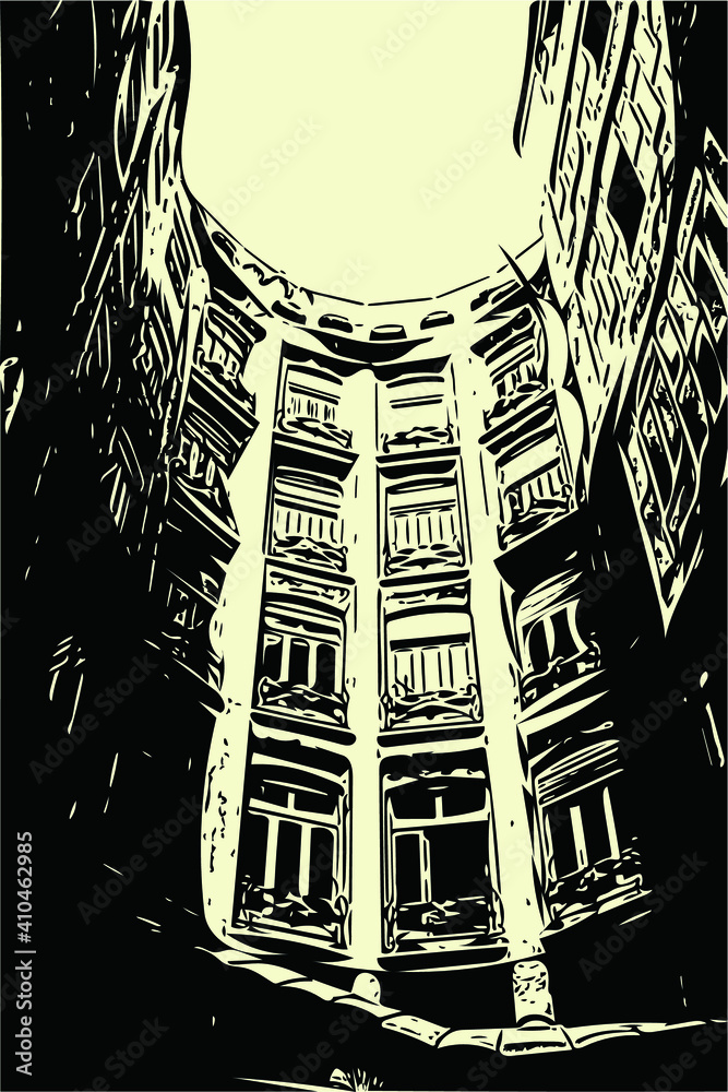 Vector outline drawing - multi-storey building of a semicircular shape ...