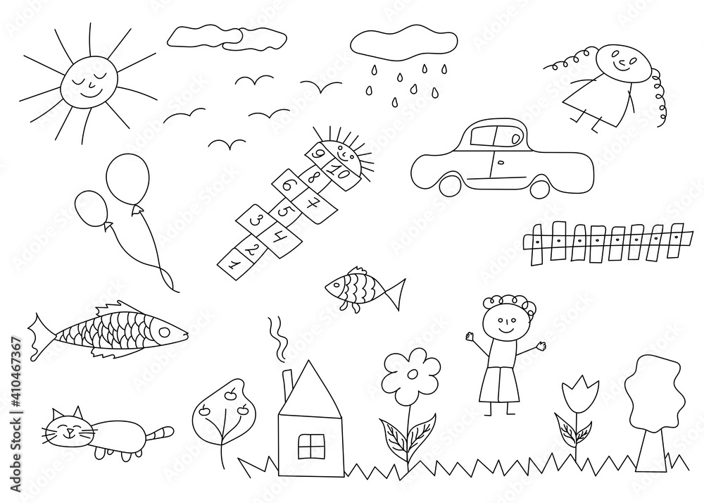 Set of hand drawn cute doodles. Happy children doodle. Doodle children ...
