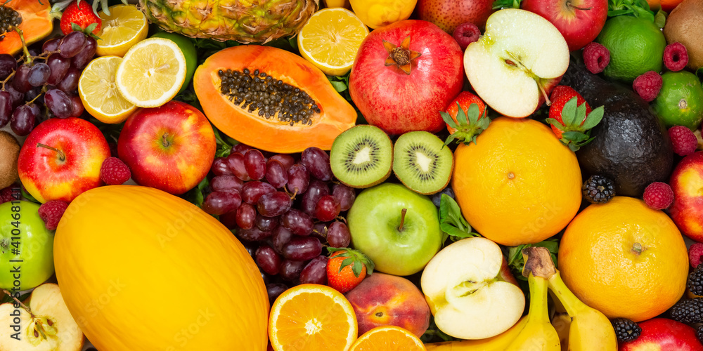 Food background fruits collection apples berries banner kiwi oranges ...