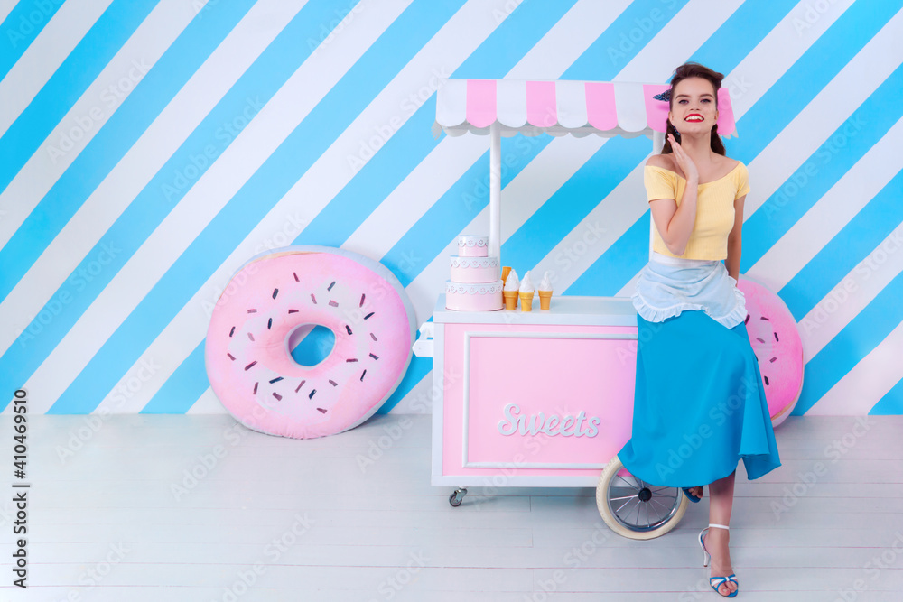 Sexy surprised woman with ice-cream. Colorful background in pop art ...