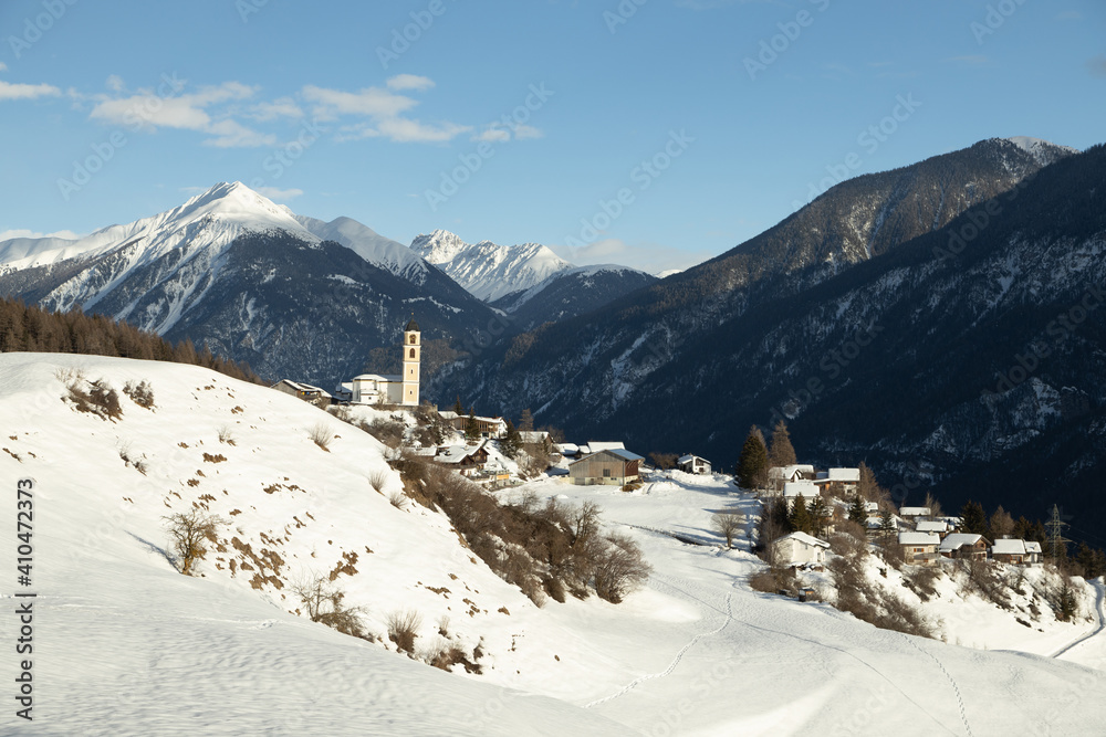 The sunny village of Brienz/Brinzauls in the canton of Graubünden in ...