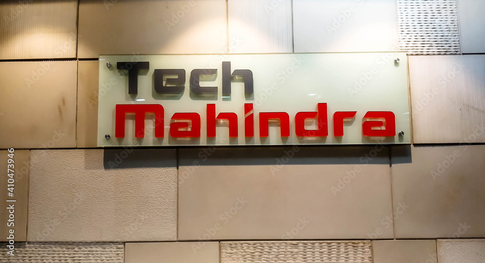 Tech Mahindra logo in corporate office reception area with light ...