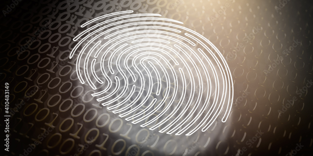 Fingerprint on binary code background. Digital authentication, scanning ...