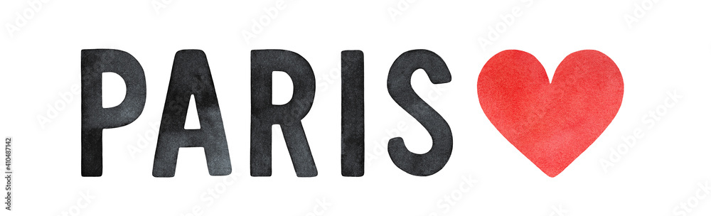 Watercolor illustration of word "Paris" with cute little red heart ...