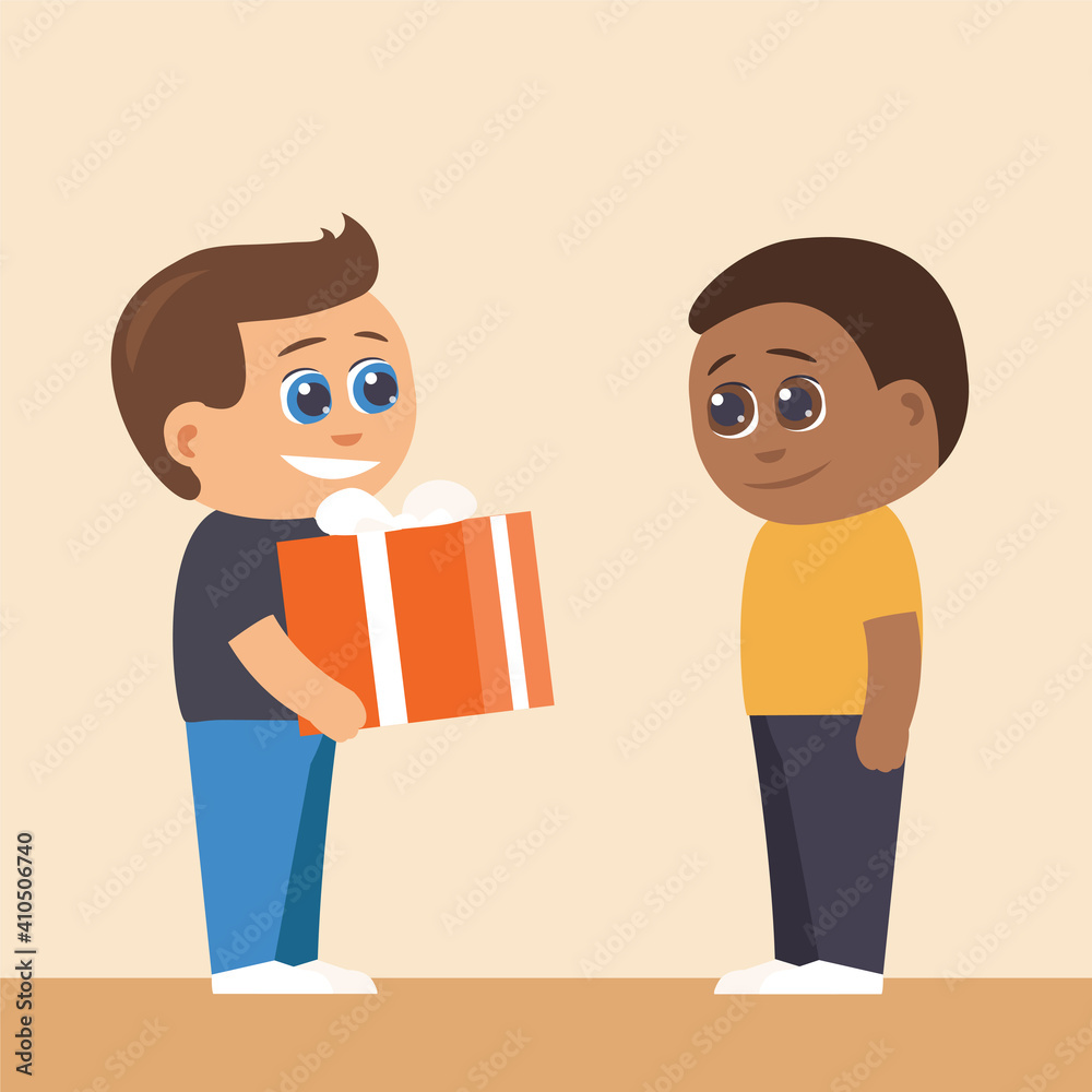 The boy gave a gift box to a friend. School friendship. Vector cartoon ...