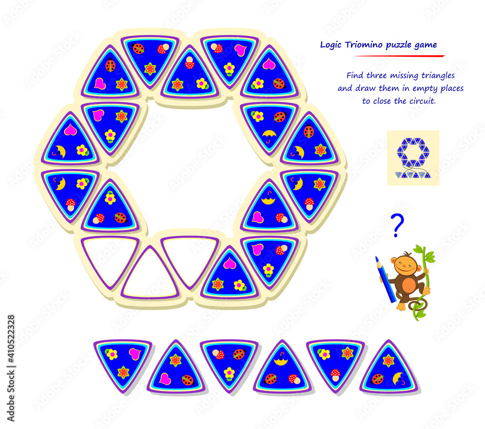 Logic Triomino puzzle game. Find three missing triangles and draw them ...