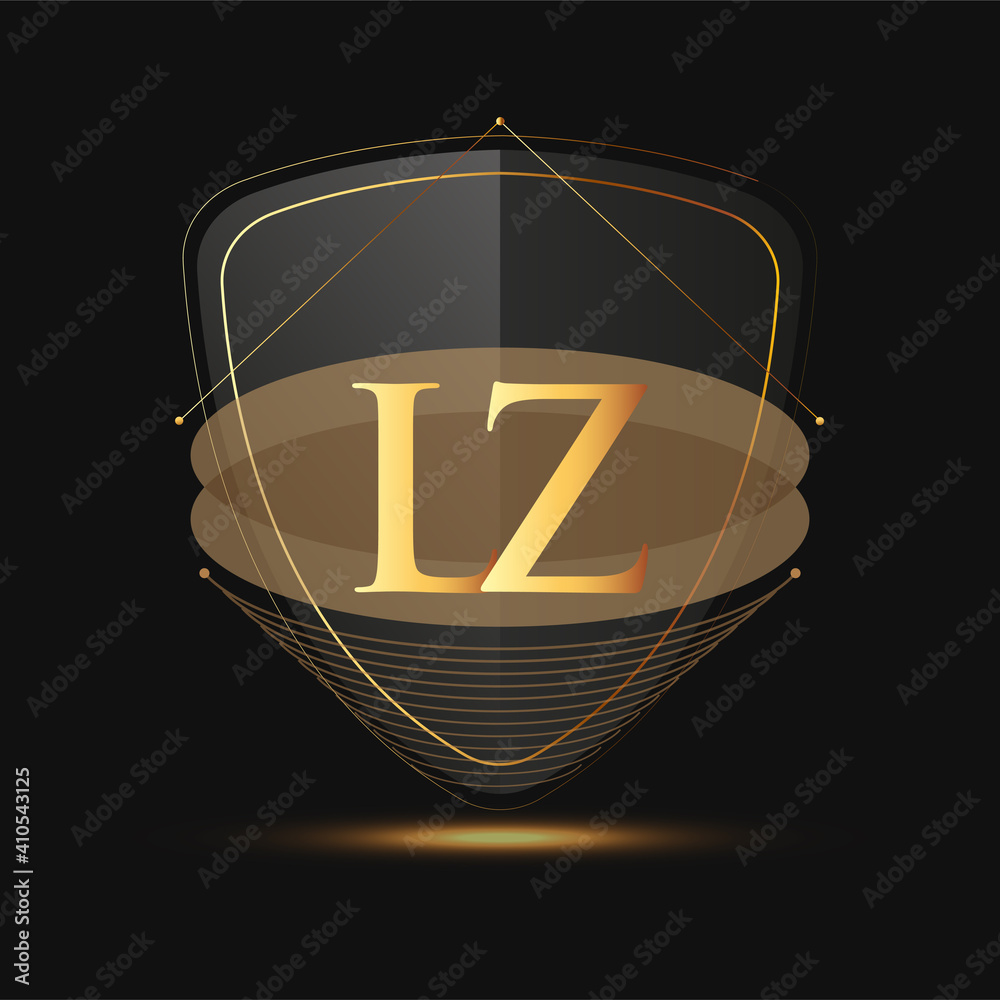 Initial logo letter LZ with shield Icon golden color isolated on dark ...