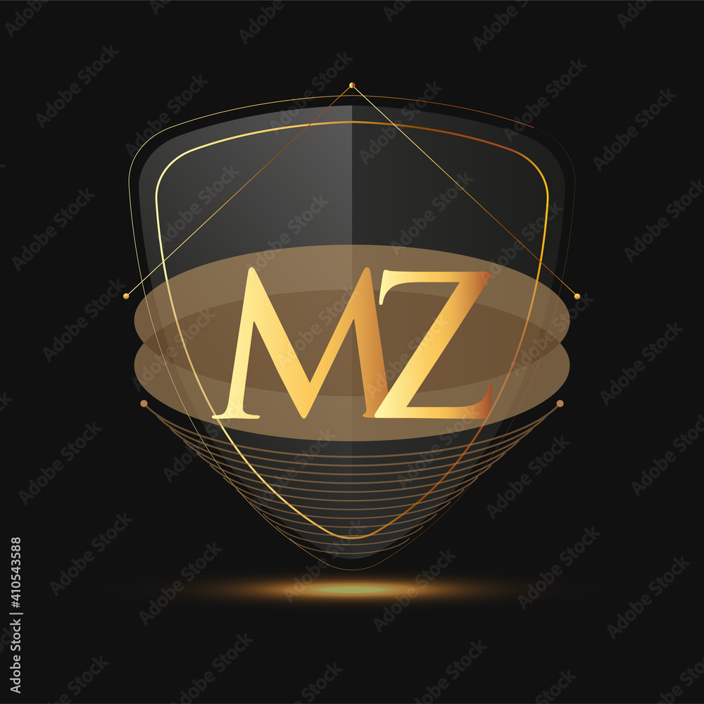 Initial logo letter MZ with shield Icon golden color isolated on dark ...