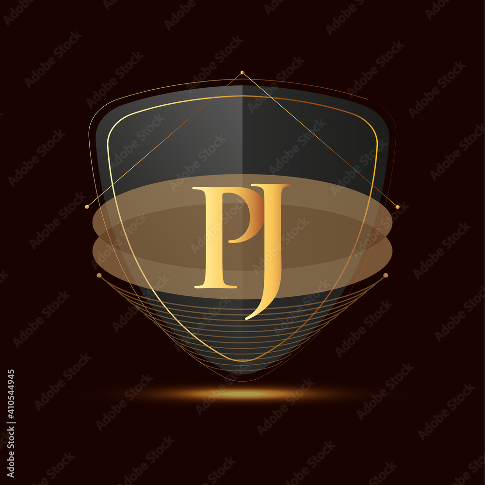 Initial logo letter PJ with shield Icon golden color isolated on dark ...