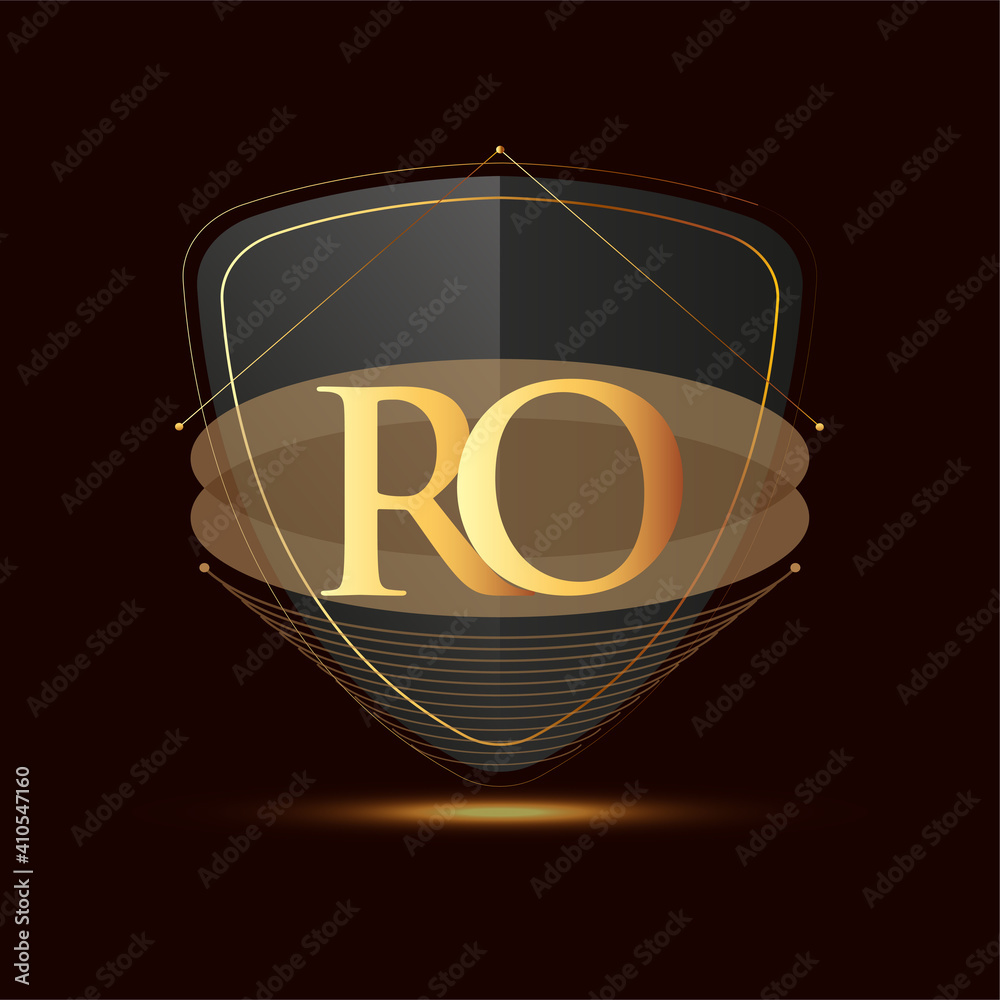 Initial logo letter RO with shield Icon golden color isolated on dark ...
