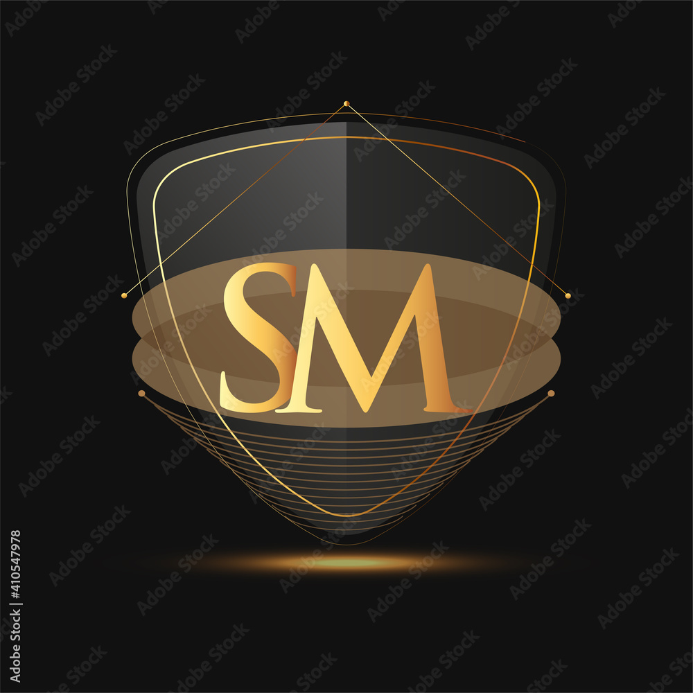 Initial logo letter SM with shield Icon golden color isolated on dark ...