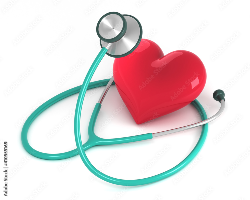 The cardiology conceptual illustration. 3D render of red heart and ...