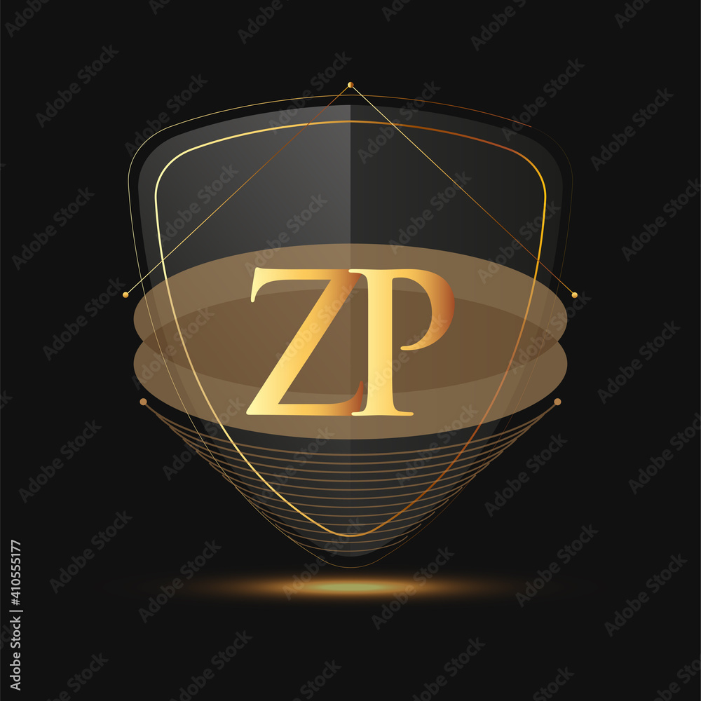 Initial logo letter ZP with shield Icon golden color isolated on dark ...