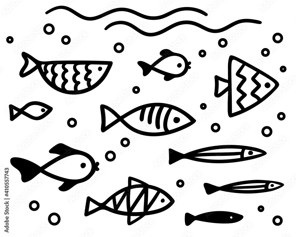 Vecteur Stock Hand drawn doodle fish. A flock of different fish swims ...