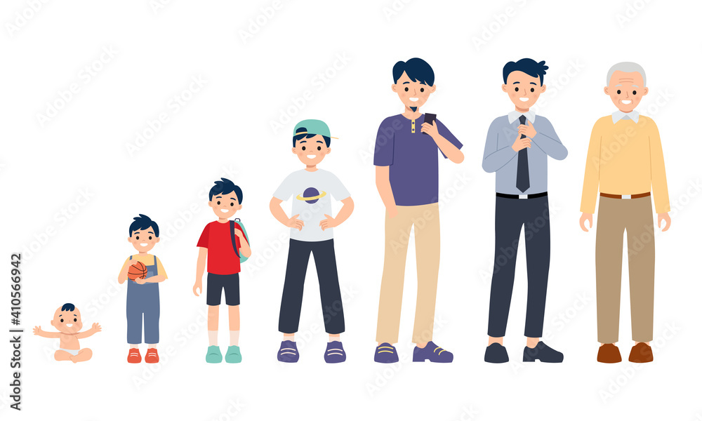 Asian man growing old process life cycle from infant to senior age ...