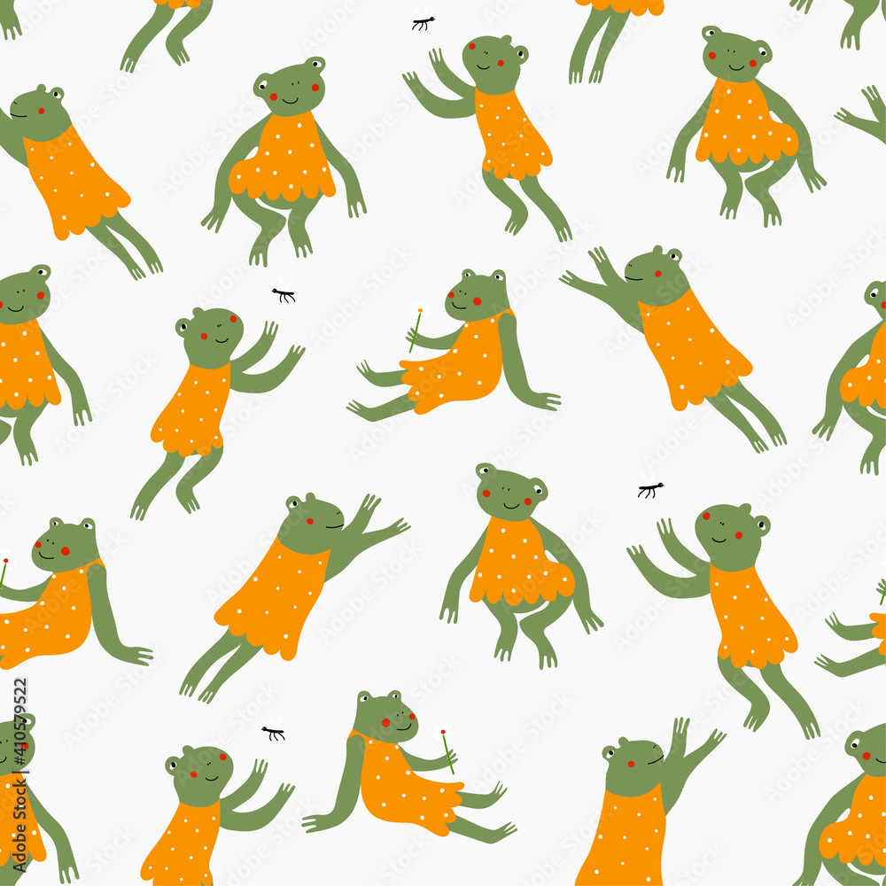 Seamless pattern with cute hand-draw frogs wearing dresses in ...