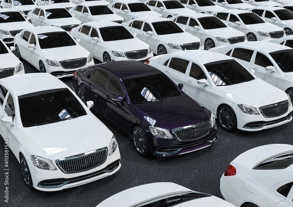 3D render image of a fleet of luxury car with one in different color ...
