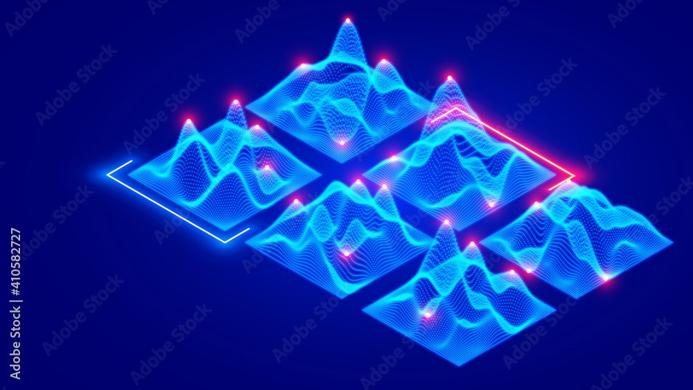 Vector isometric 3d grid surface of data consisting of glowing dots ...
