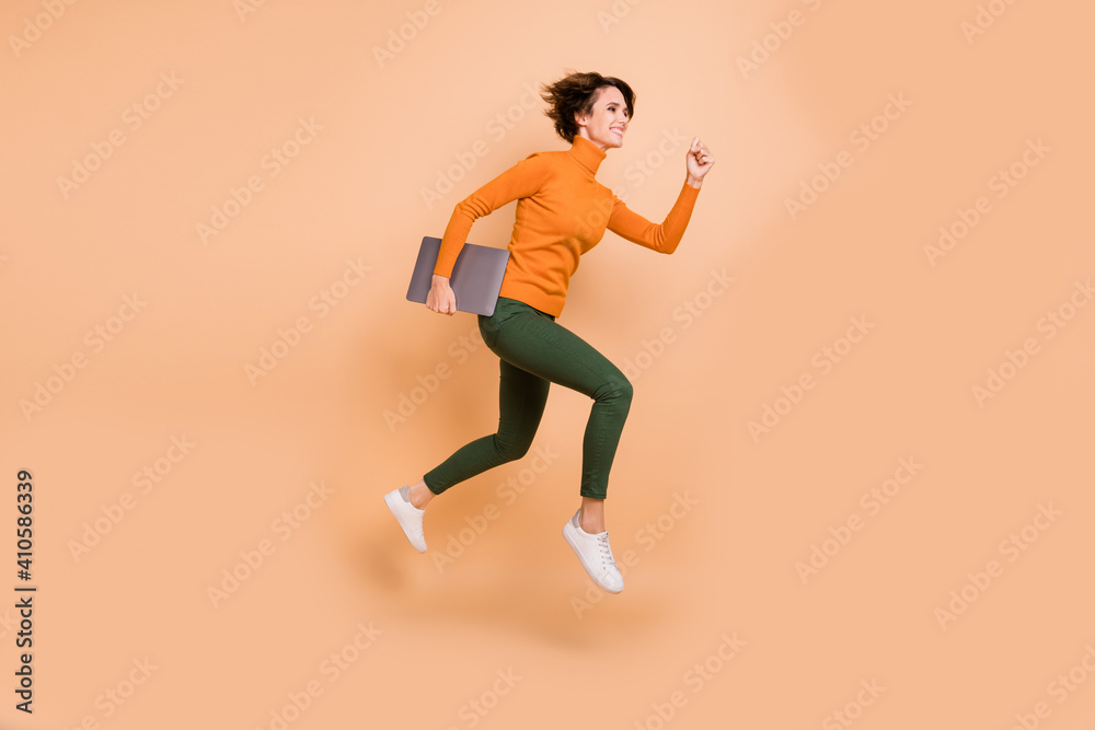 Full size profile side photo of young attractive cute happy girl run in ...