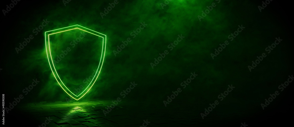 Green neon light shield icon. Vibrant colored technology symbol ...