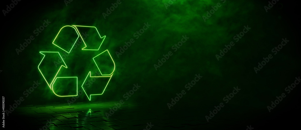Green neon light recycle icon. Vibrant colored technology symbol ...