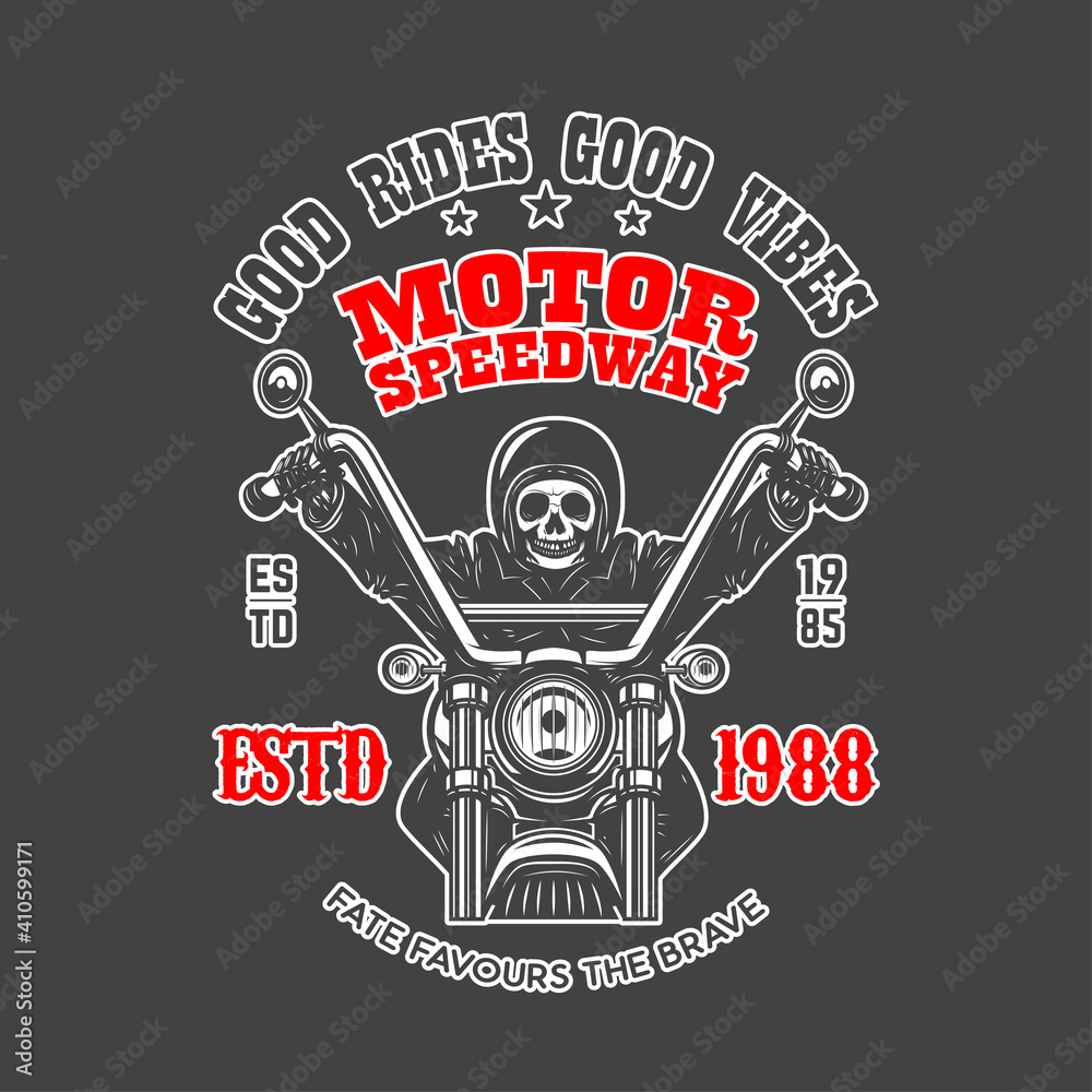 Motor speedway. Emblem template with skeleton on vintage motorcycle ...