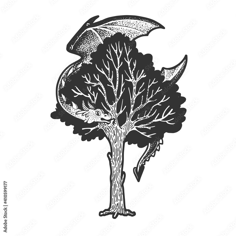 Dragon hiding in the branches of a tree sketch engraving vector ...