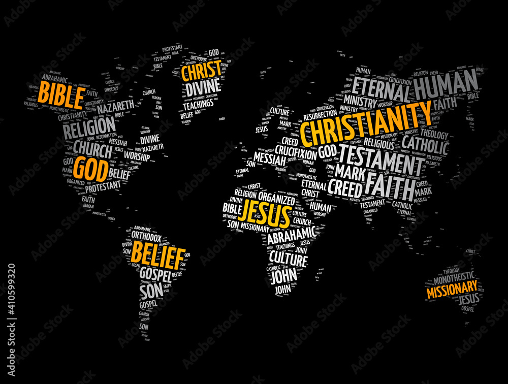 Christianity word cloud in shape of world map, religion concept ...