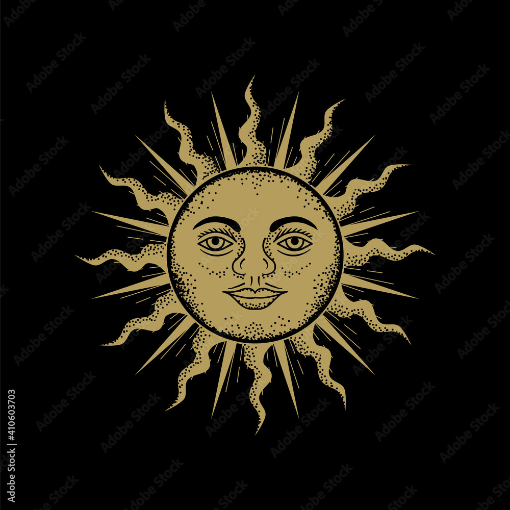 Sun with face. Abstract engraving illustration with esoteric, boho ...