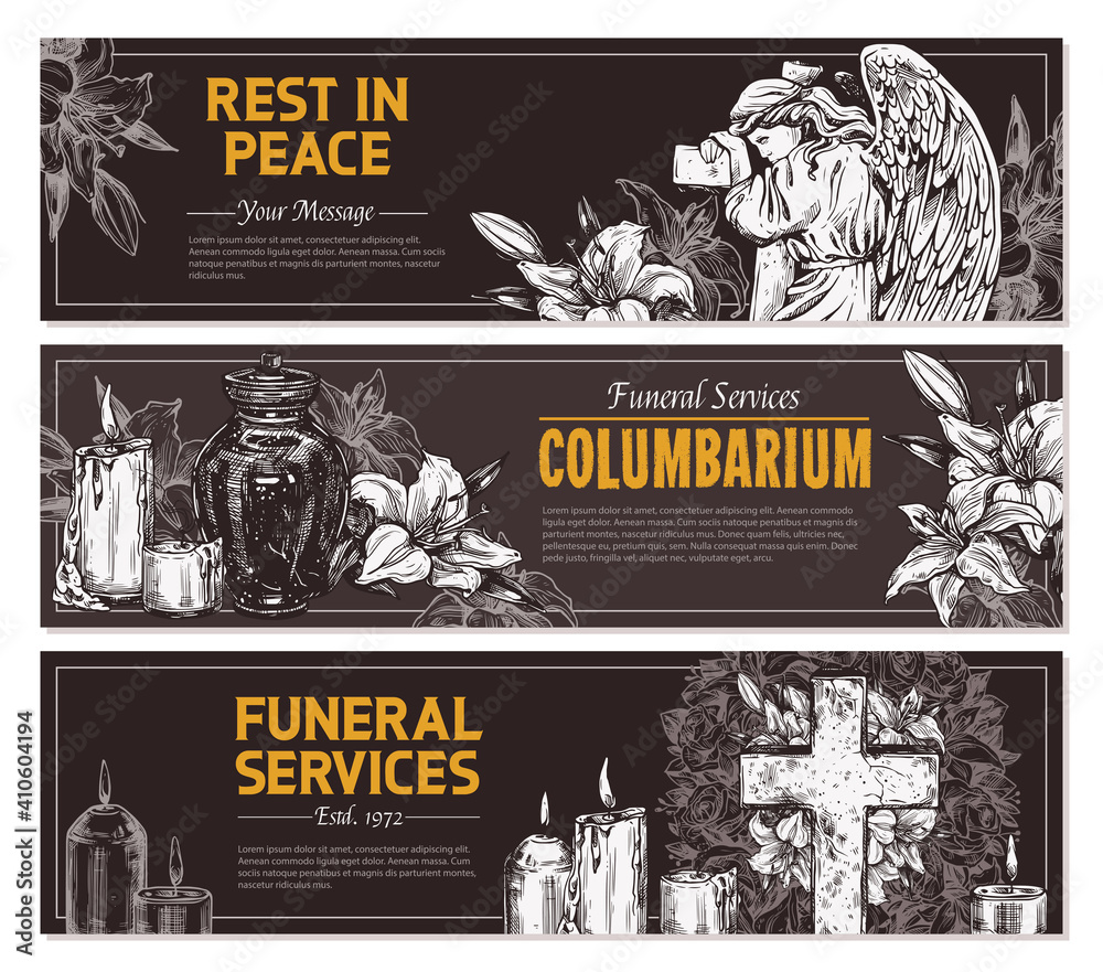 Vetor de Funeral service vector hand drawn design of horizontal banners ...
