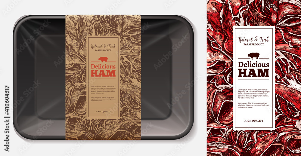 Package design for farm fresh meat food, pork, ham, beef fillet with ...