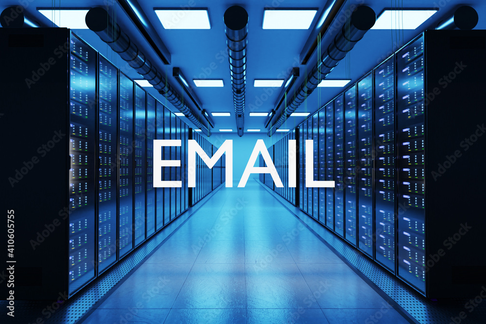email logo in large modern data center with multiple rows of network ...