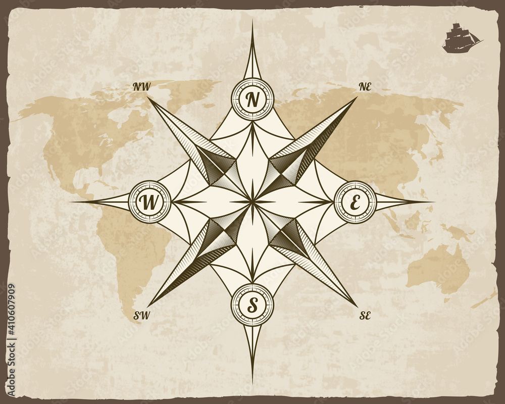 Vintage nautical compass. Old world map on paper texture with grunge ...