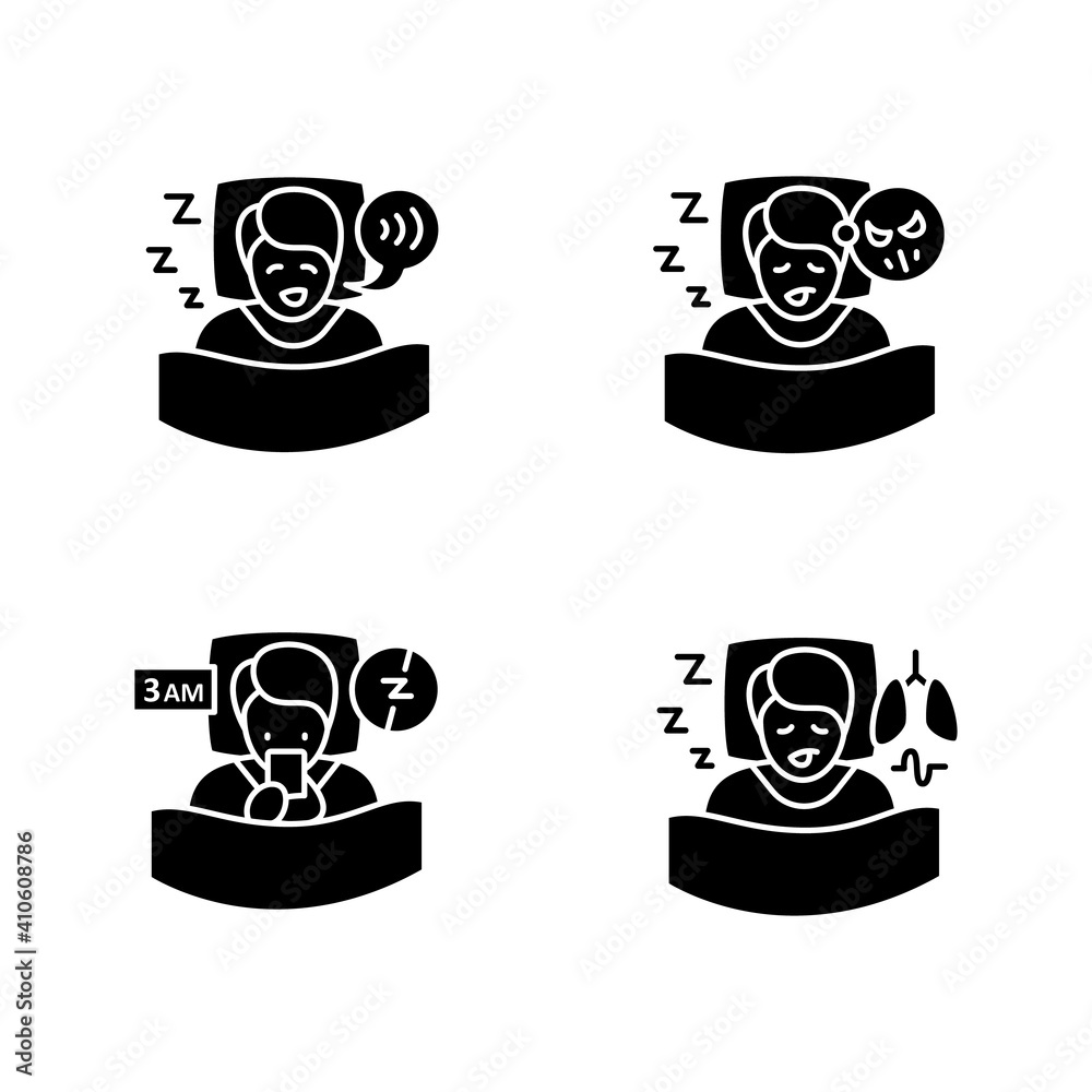 Sleep disorder glyph icons set. Healthy sleeping concept. General ...