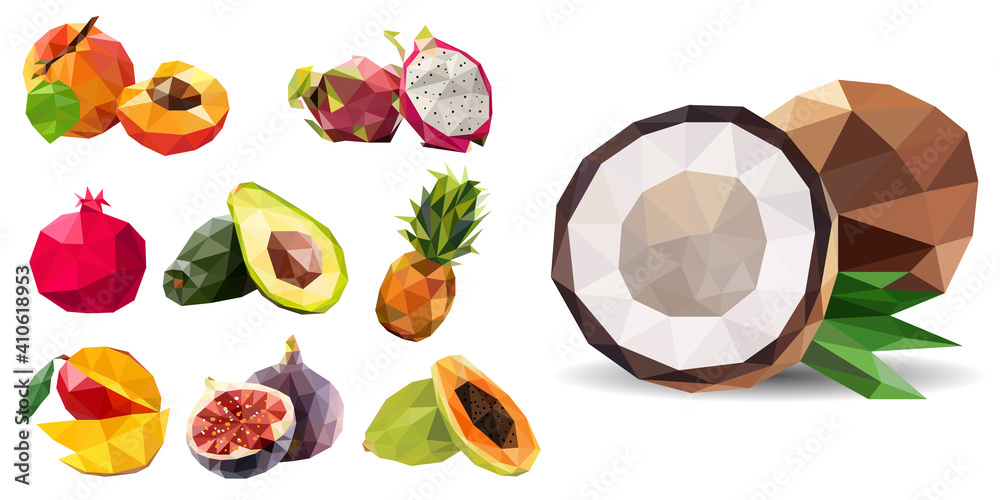Fruits set. Vector illustration in low poly style. Collection of exotic ...