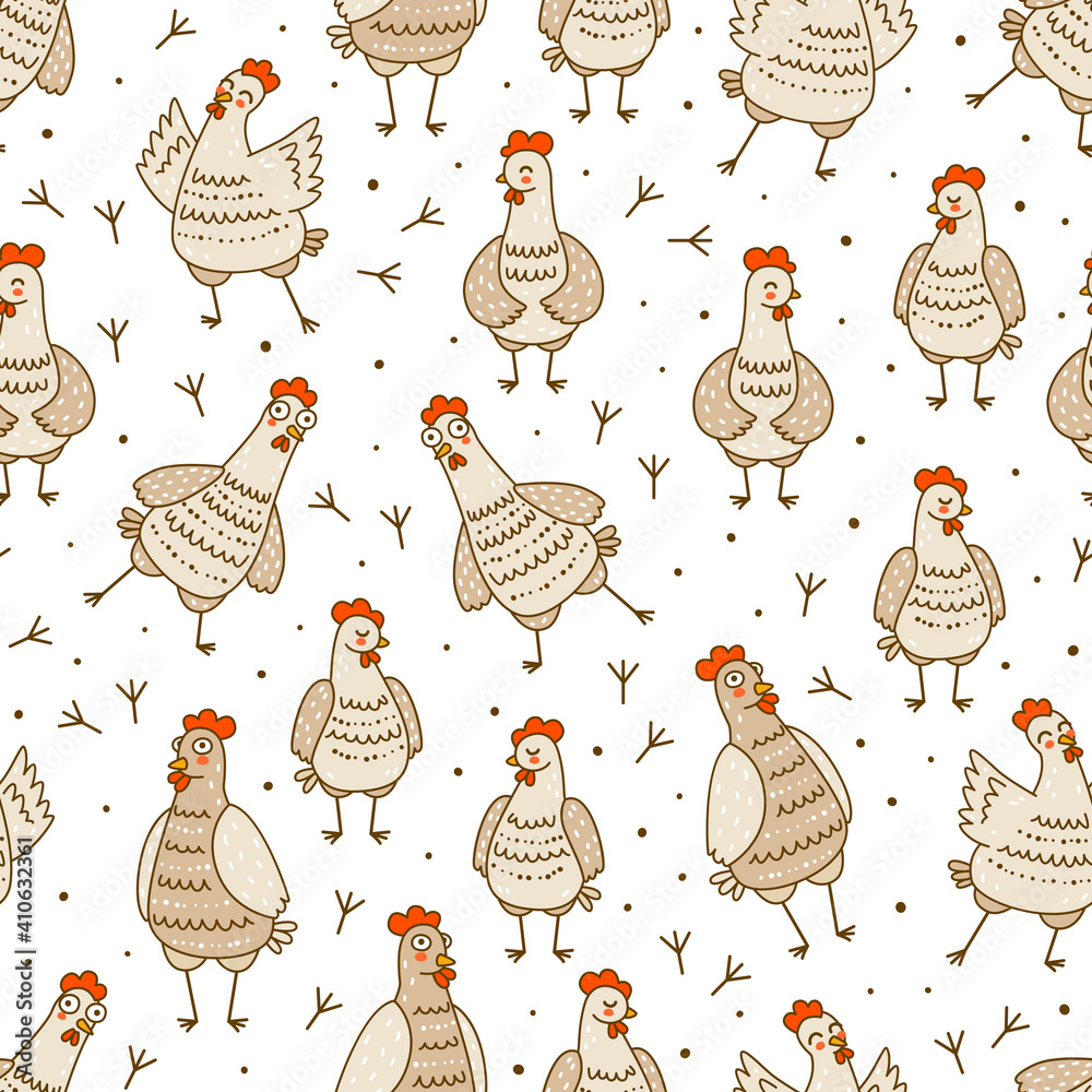 Seamless pattern with cute chickens isolated on white - cartoon hens ...
