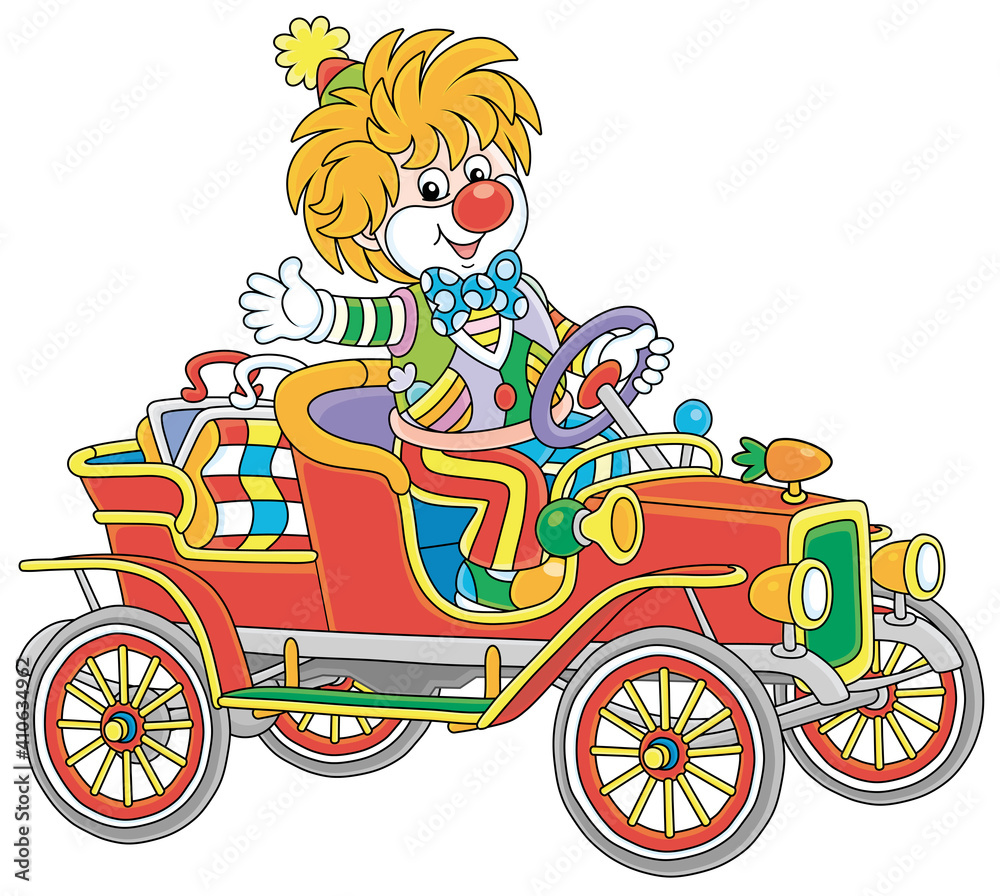 Vecteur Stock Friendly smiling clown in a colorful comic suit driving a ...