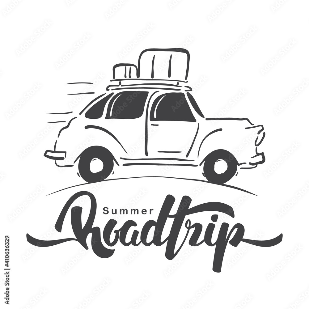 Hand drawn travel retro car with luggage on the roof and handwritten ...