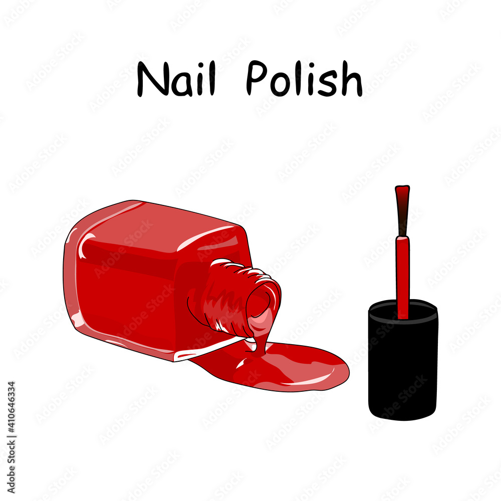 Red nail polish in open flagon and drop beside. Pop art. Isolated ...