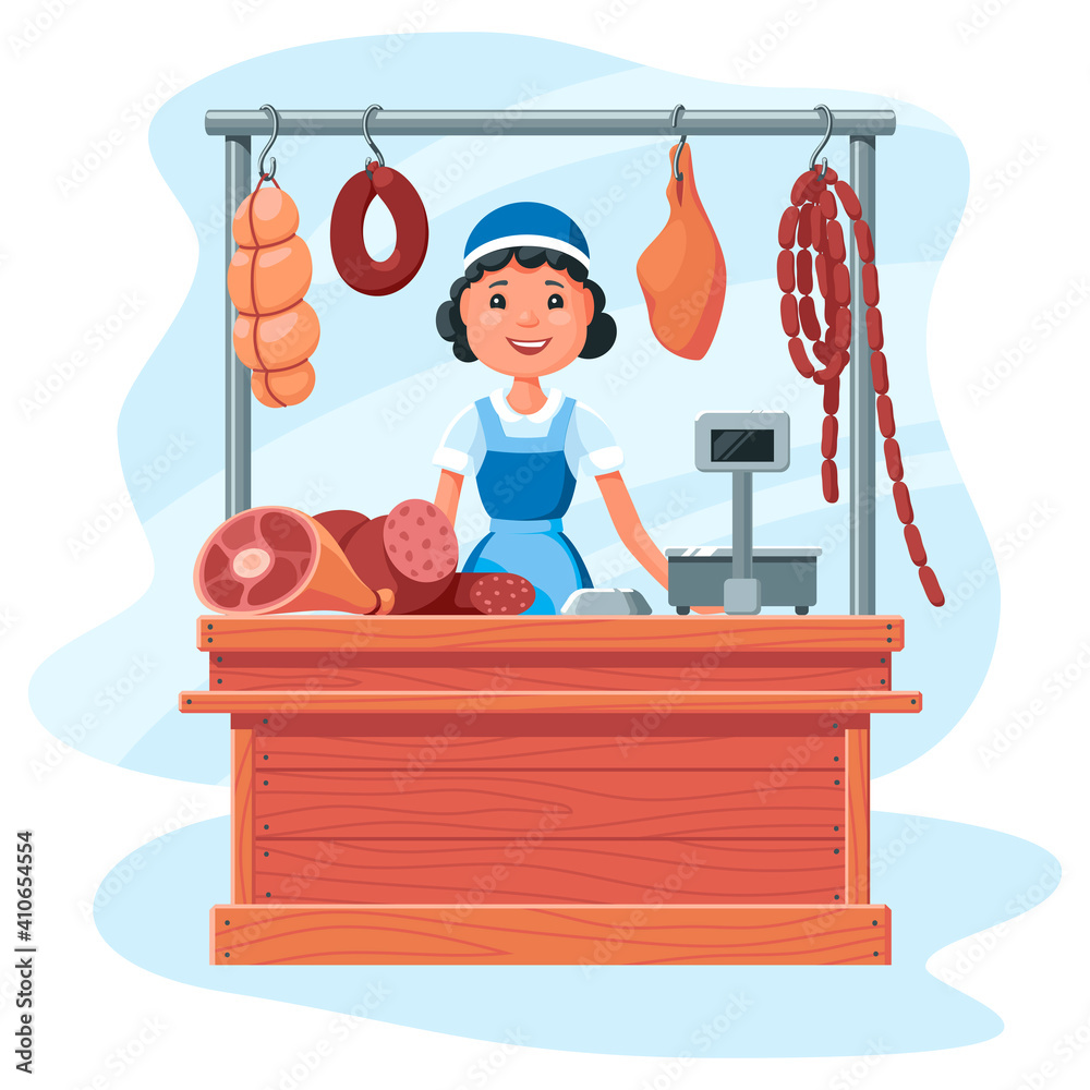 Meat stall, a saleswoman behind a counter made of wooden boards sells ...