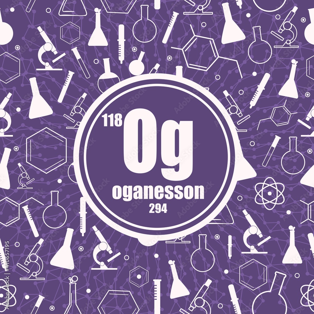 Oganesson chemical element. Sign with atomic number and atomic weight ...