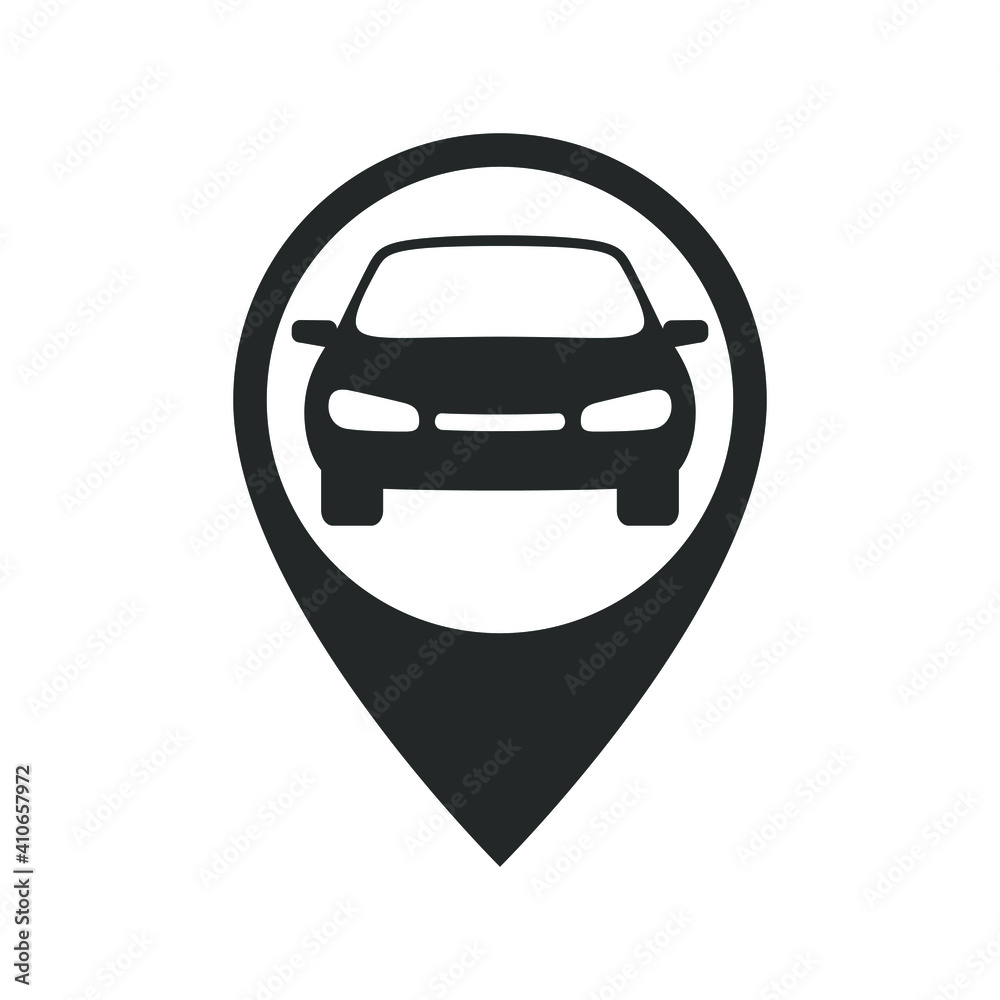 Car with map pointer graphic icon. Rent a car sign isolated on white ...