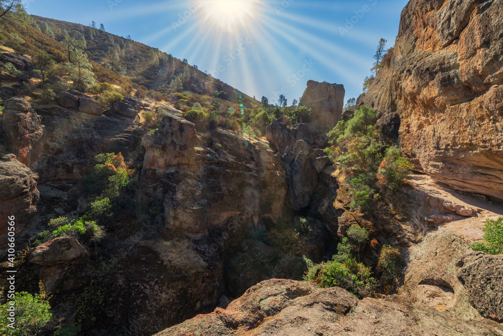 Rock formations in Pinnacles National Park in California, the destroyed ...