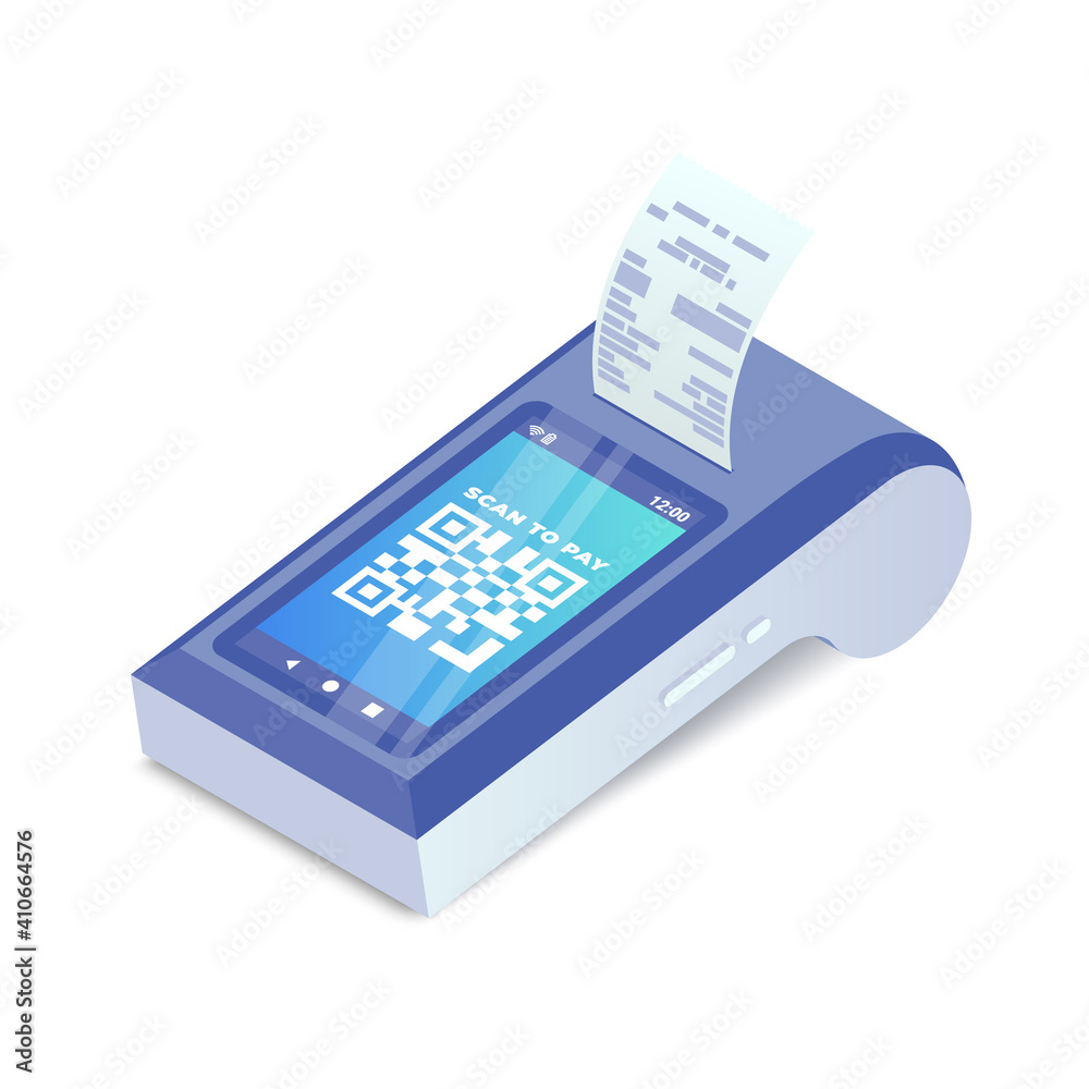 Cashless Payment machine with qr code on screen isometric concept. 3d Contactless payment, smart ...