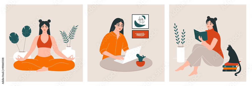 Self development concept. Young woman performing activities for ...